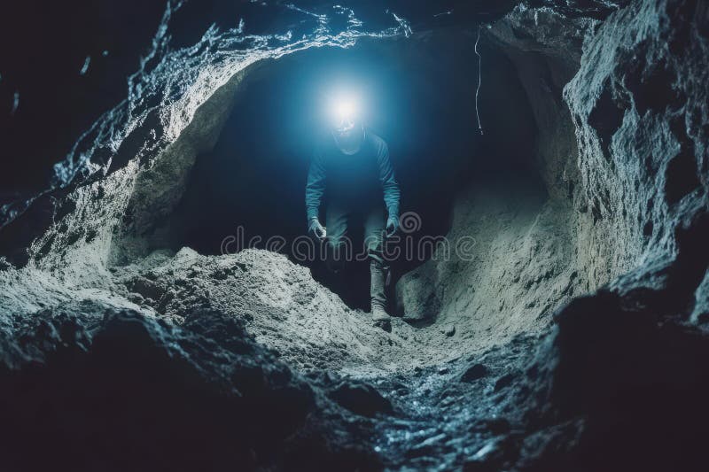 A Lone Explorer Navigating a Dark, Rough Cave Lit by a Headlamp Stock ...