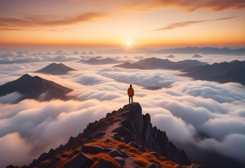 Lone Explorer at Sunrise Above the Clouds - Generated by AI Stock ...