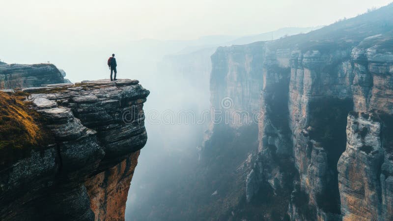 Lone Explorer Traverses a Majestic Mountain Gorge Enveloped by Mysterious Misty Cliffs Stock ...