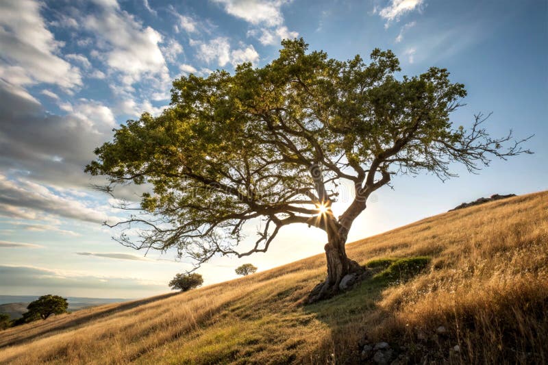 A Lone Fig Tree on a Hillside Under the Sun Stock Illustration ...
