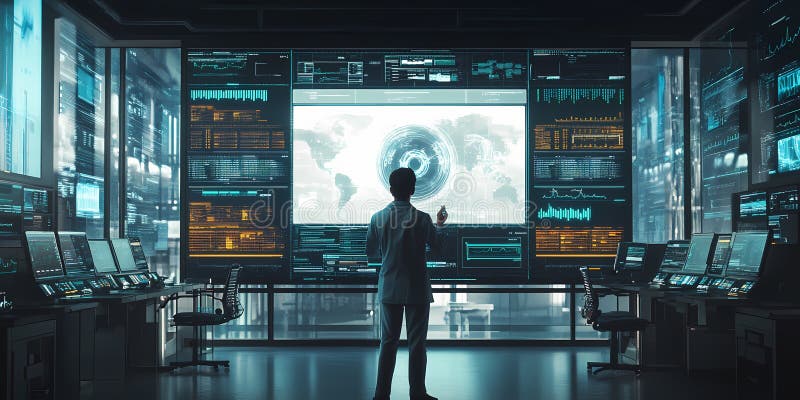 A Lone Figure Analyzes Complex Global Data Displayed Across Massive ...