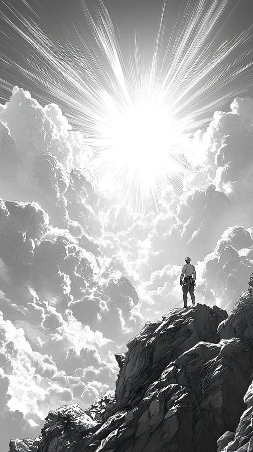 A Lone Figure Atop a Mountain Basking in the Radiant Light of a Bright ...