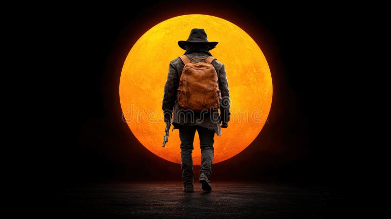 A Lone Figure with a Backpack Stands before a Large Sun Silhouetted ...