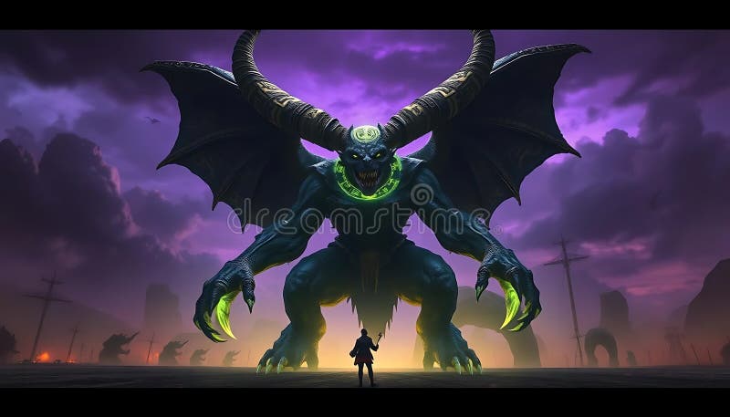 A Lone Figure Confronts a Colossal Demonic Entity Under a Brooding ...