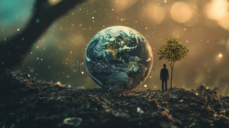 A Lone Figure Contemplates a Miniature Earth beside a Young Tree Stock ...
