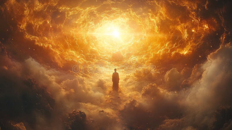 Lone Figure in Glowing Celestial Sky with Orange and Yellow Clouds ...