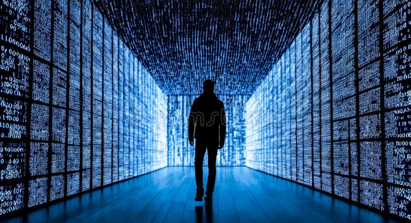 Lone Figure Illuminated by Radiant Lines of Binary Code in Dark Setting ...