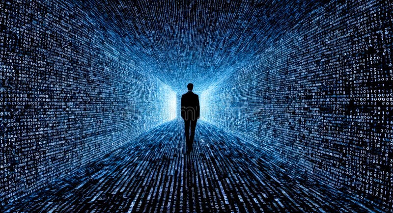 Lone Figure Illuminated by Radiant Lines of Binary Code in Dark Setting ...
