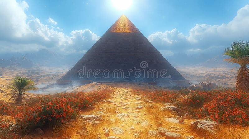 A Lone Figure Meditates Facing the Great Pyramid at Sunset, Bathed in ...