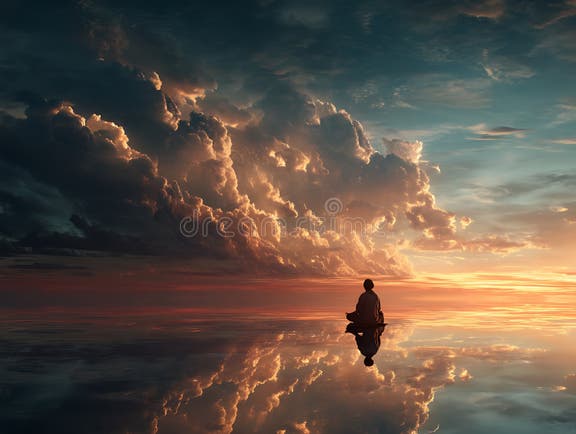 A Lone Figure is Seated in a Meditative Pose on a Calm, Reflective ...