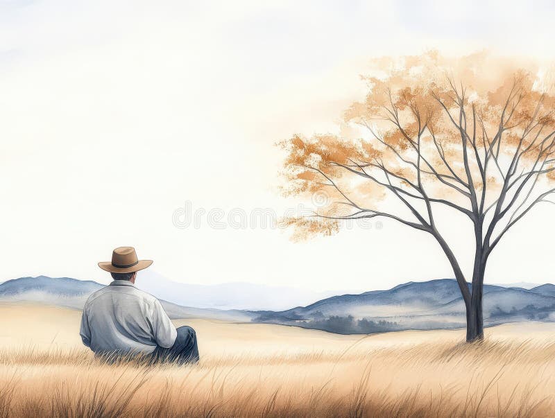 A Lone Figure Sits Beneath a Tree in a Vast Field, Contemplating the ...