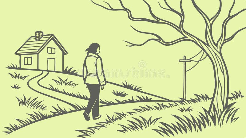 Lone Figure by Small House in Landscape, Solitude and Reflection ...