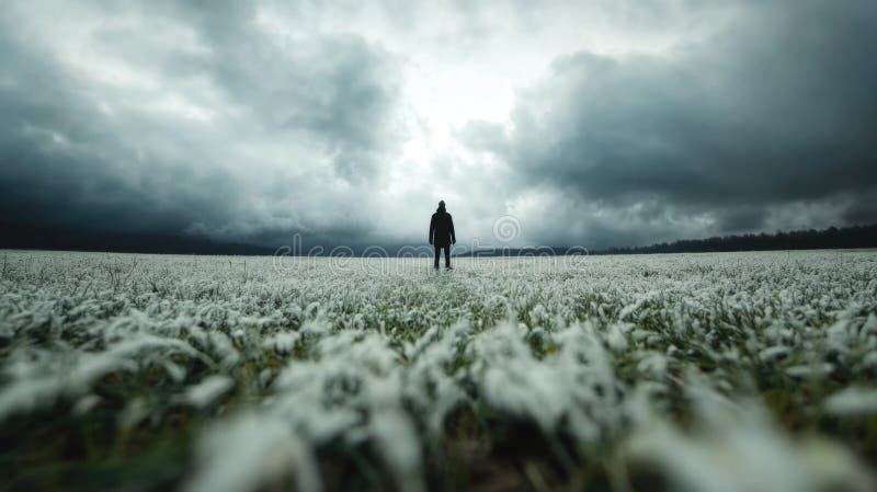 Lone Figure in Snowy Field Under Dramatic Cloudy Sky Stock Image ...
