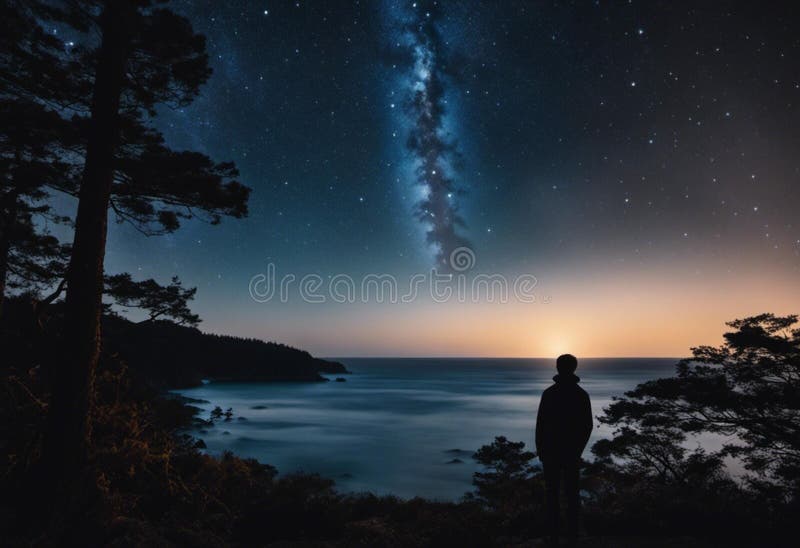 Lone Figure Standing Atop a Cliff, Facing the Night Sky, AI-generated ...