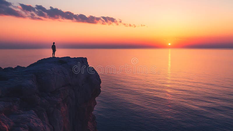 Lone Figure Standing on a Cliff with a Stunning Ocean Sunset View Stock ...