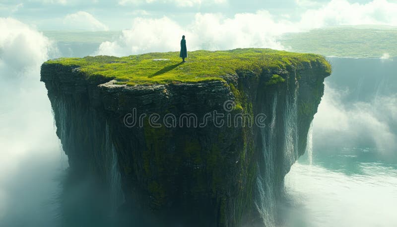 Lone Figure Standing on Floating Cliff with Waterfalls Surrounded by ...