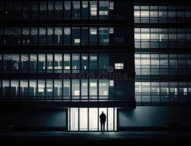 A Lone Figure Standing in an Illuminated Office Building Late at Night ...