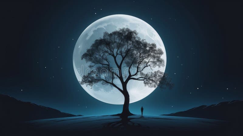 A Lone Figure Stands Beneath a Large Glowing Moon Stock Illustration ...