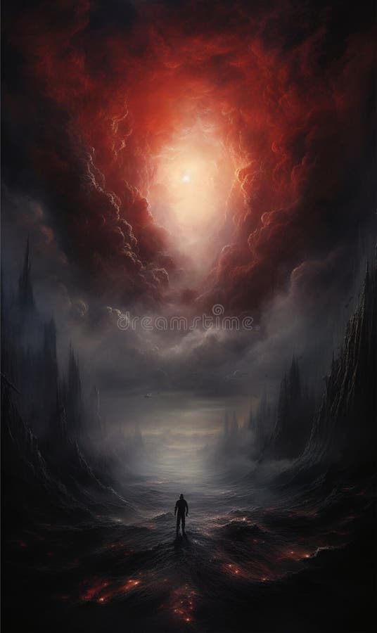 A Lone Figure Stands in a Dark, Desolate Landscape Under a Dramatic Red ...