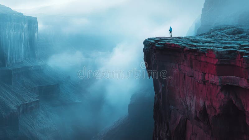 A Lone Figure Stands on the Edge of a Cliff. the Landscape is Filled ...