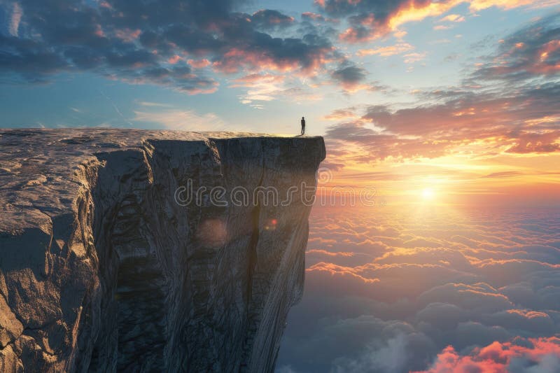 A Lone Figure Stands on the Edge of a Cliff, Silhouetted Against a ...