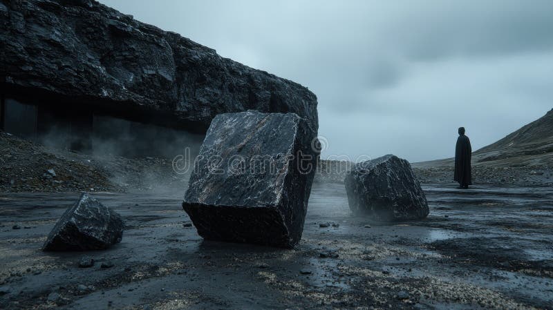 A Lone Figure Stands among Large Rocks in a Desolate Landscape. Stock ...