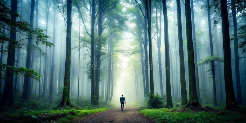 A Lone Figure Stands in a Misty Forest Surrounded by Tall Trees and a ...