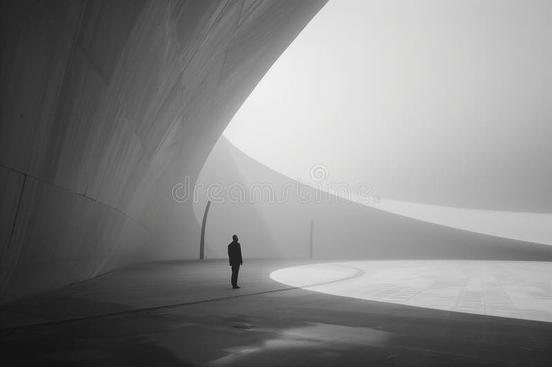 A Lone Figure Stands in a Modern, Minimalist Architectural Space with ...