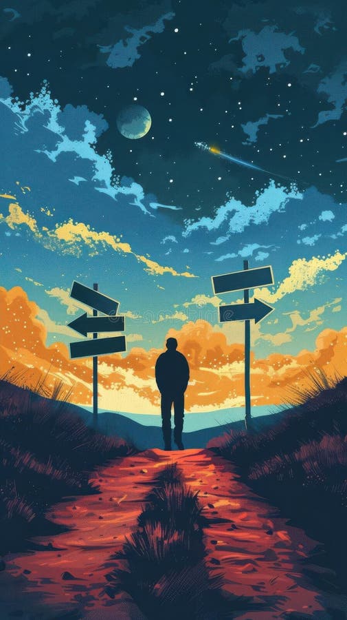 A Lone Figure Stands on a Path Under a Starry Sky with Clouds and ...