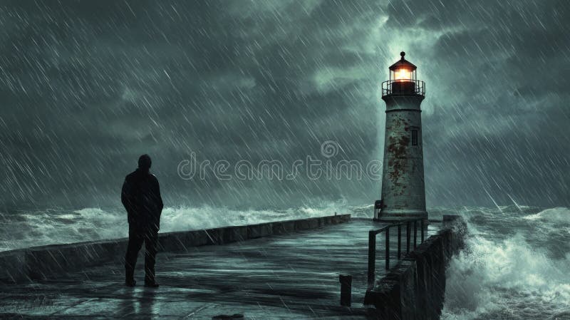 A Lone Figure Stands on a Pier, Illuminated by a Lighthouse in a Storm ...