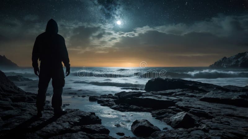 A Lone Figure Stands Silhouetted Against a Starry Night Sky Stock ...
