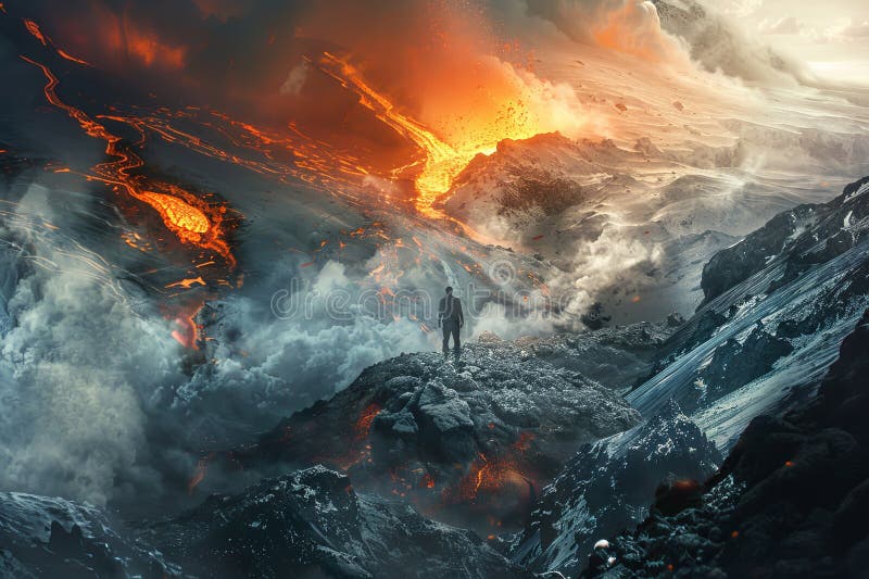 A Lone Figure Stands on a Snow-covered Mountain, Overlooking a Dramatic ...