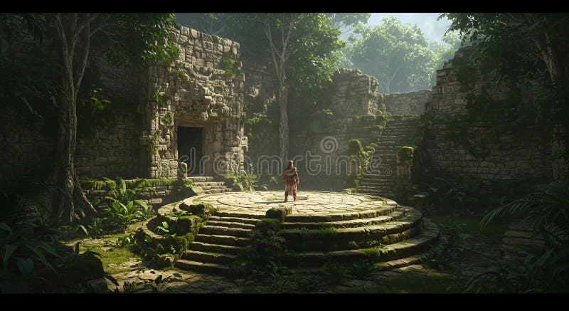 Voxel Art Depiction of Jungle Ruins with a Lone Explorer Stock ...