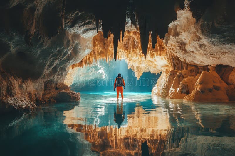 A Lone Figure Stands in a Stunning Cave, Reflecting Light on Water ...