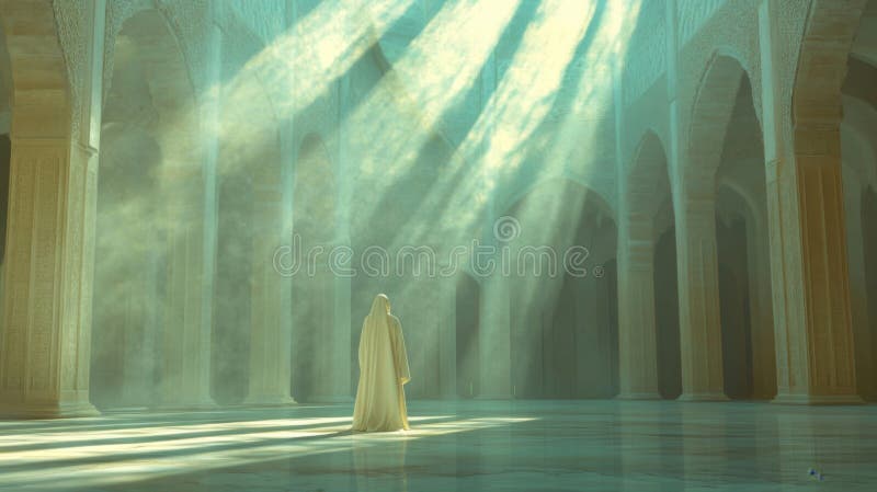 A Lone Figure Stands in a Sunlit Ancient Hall Stock Illustration ...
