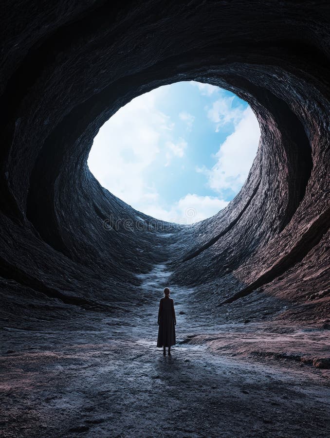 A Lone Figure Stands in a Vast Cavern Looking Up at the Sky. Stock ...