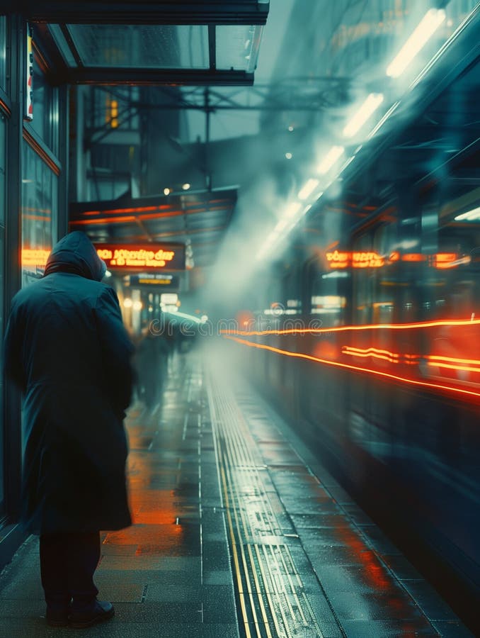Lone Figure at Train Station with Blurred Motion of Train Creates ...