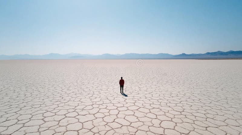 Lone Figure Vast Desert Landscape Under Clear Blue Sky Stock Photos ...