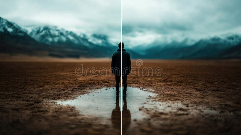 Lone Figure in Vast Mountain Landscape with Reflective Puddle Stock ...