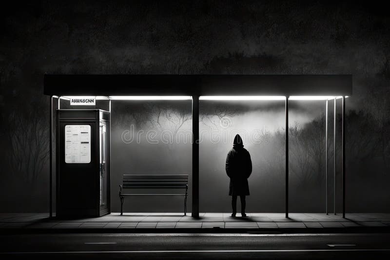 A Lone Figure Waits at a Bus Stop, Surrounded by Darkness and Silence ...
