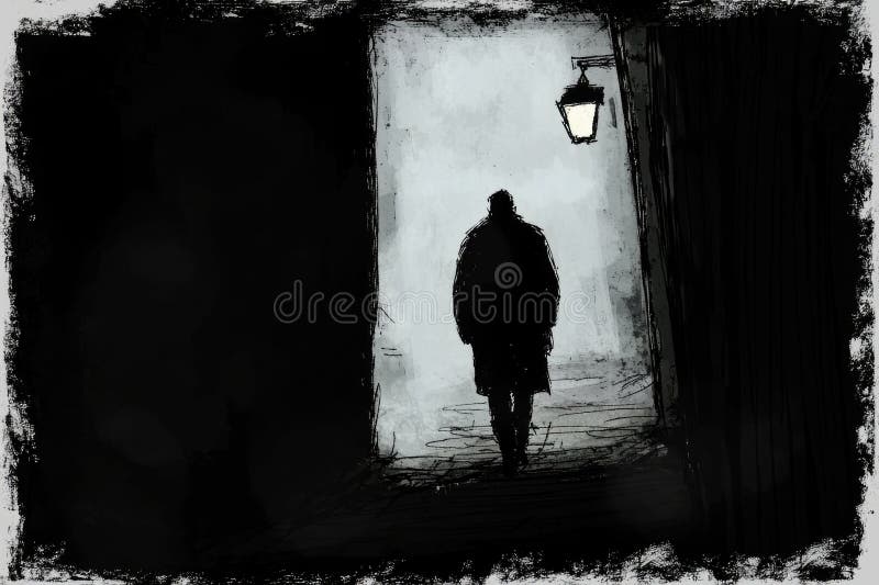 Lone Figure Walking in Dark Alley with Lantern Light, Stock ...