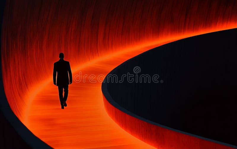 Lone Figure Walking on Illuminated Curved Pathway Against Dramatic Red ...