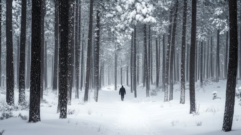 A Lone Figure Walking through a Snowy Forest Path Stock Illustration ...
