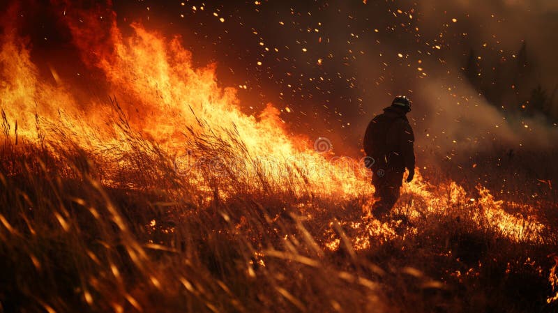 A Lone Figure Walks through Flames in a Dramatic Fire Scene. the ...