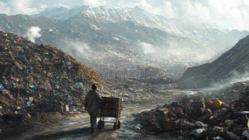 A Lone Figure Walks through a Vast and Treacherous Garbage Mountain ...