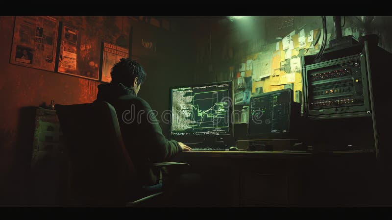 A Lone Figure Works Intensely on Computer Screens in a Dimly Lit Room ...