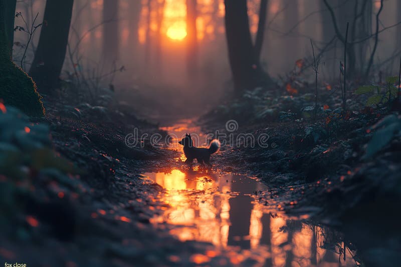 A Lone Fox Stands by a Stream at Sunset in a Forest Stock Photo - Image ...