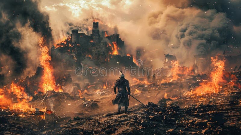 A Lone Frankish Warrior Stands in Front of a Burning Village a Symbol ...