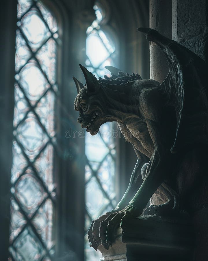 A Lone Gargoyle Stands Guard, the Intricate Tracery of a Gothic Window ...