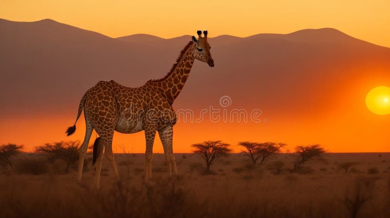 A Lone Giraffe Grazing on the Plains As the Sun Sets Behind it Stock ...